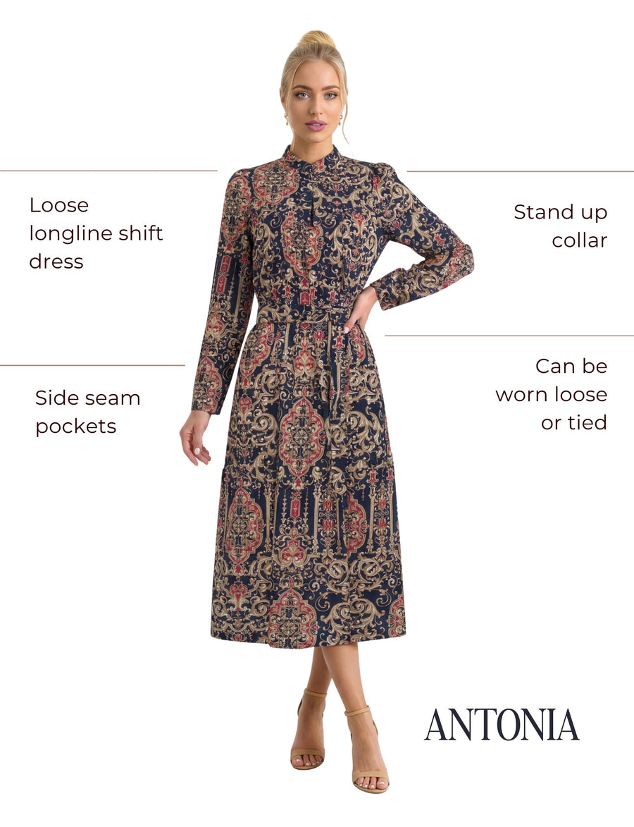Antonia 'Venetian Affair' Mock Neck LS Midi Dress – Leona Edmiston